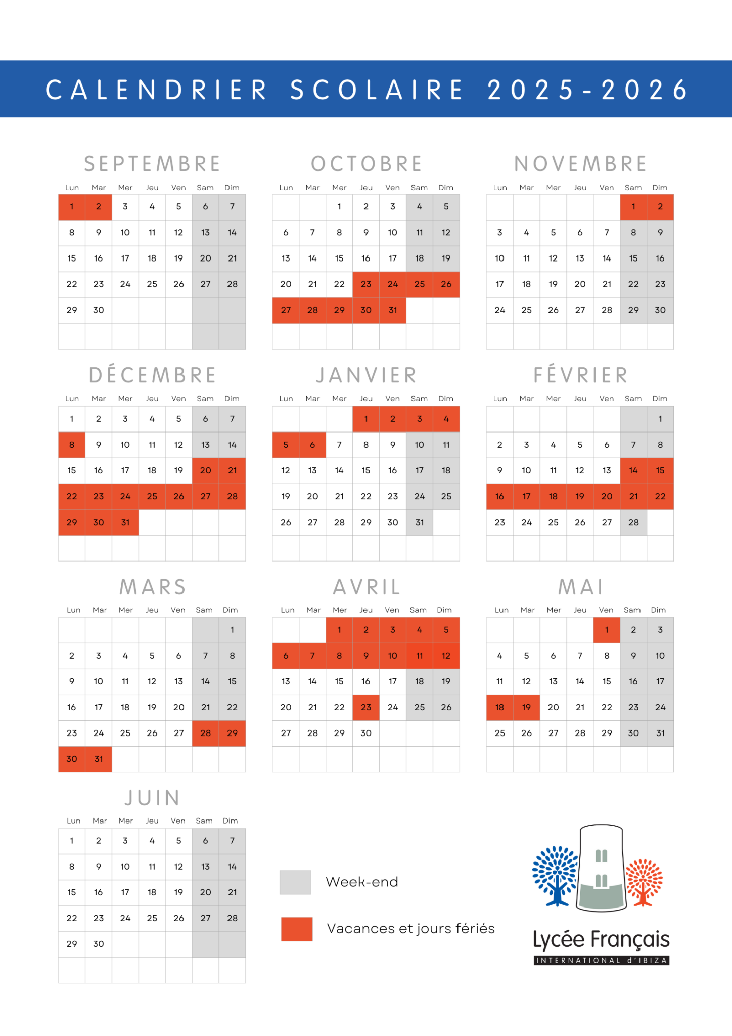 Calendrier scolaire – Lycée Français International d'Ibiza